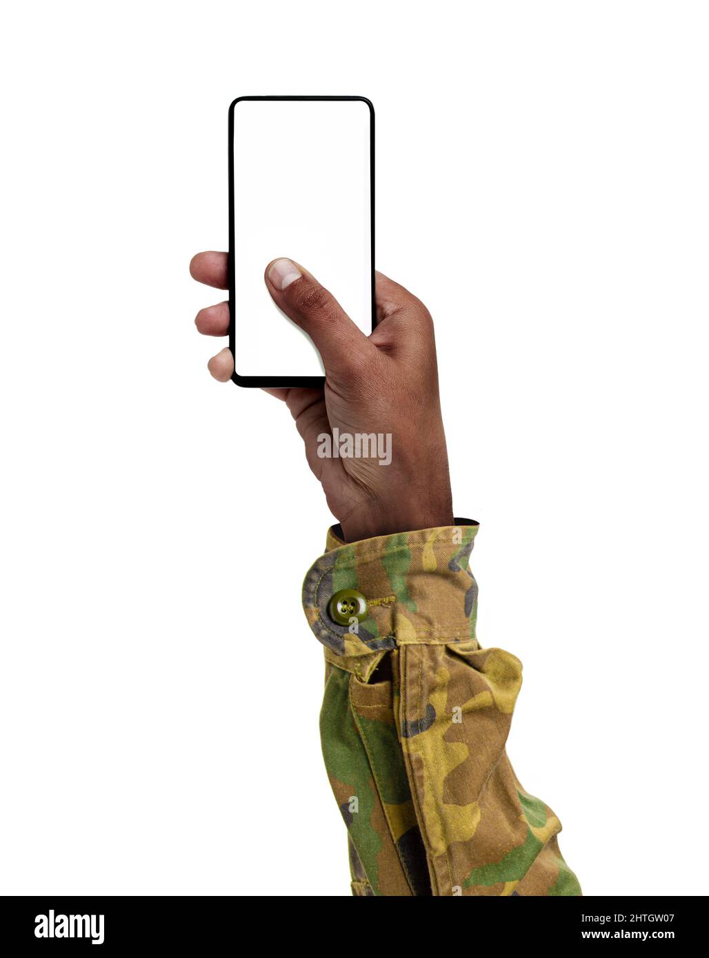 Man hand holding and touching a mobile phone screen with his thumb on a ...