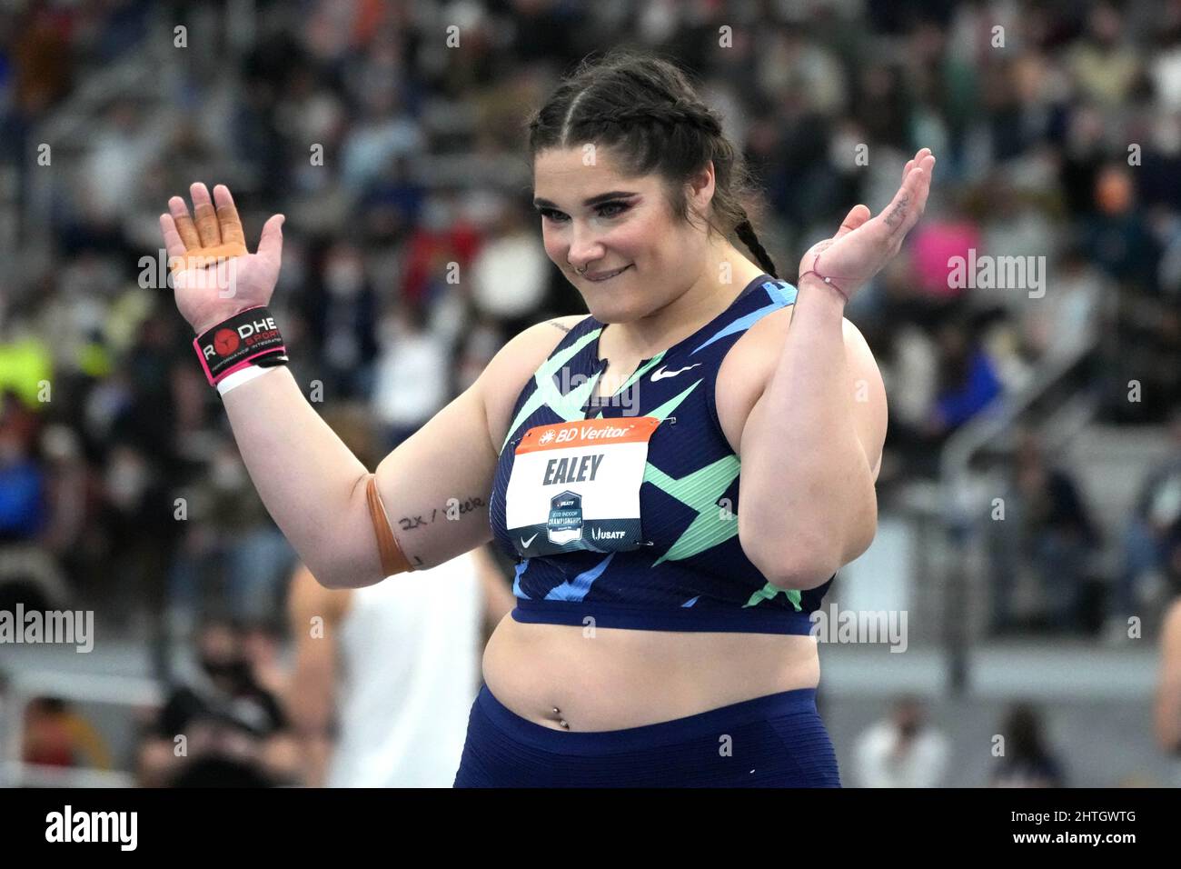 Chase Ealey celebrates after placing second in the women's shot put at ...