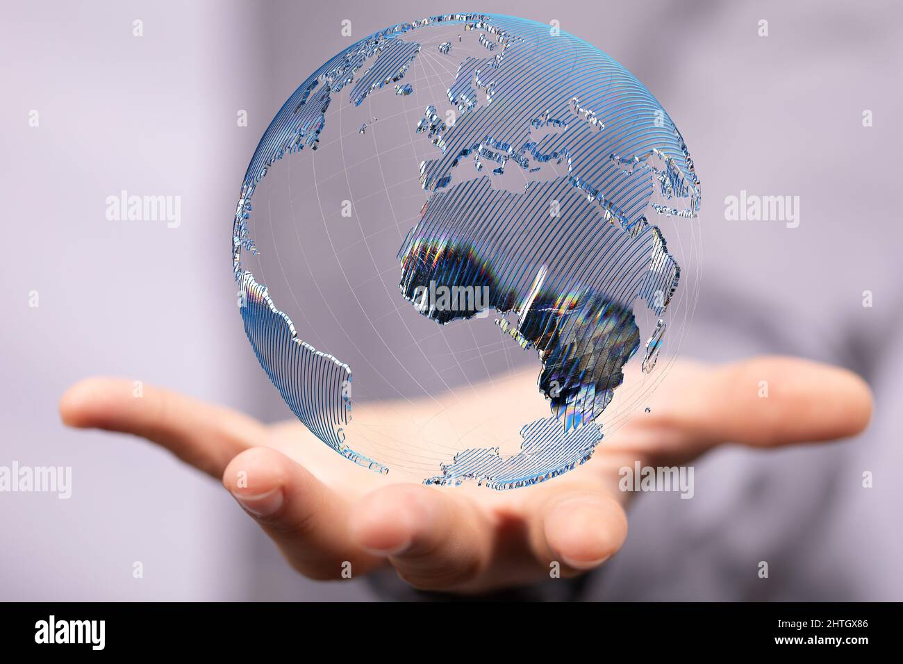 3d rendering of floating globe on human hand-global network concept ...