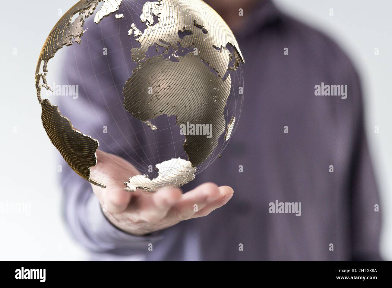 3d rendering of floating globe on human hand-global network concept ...