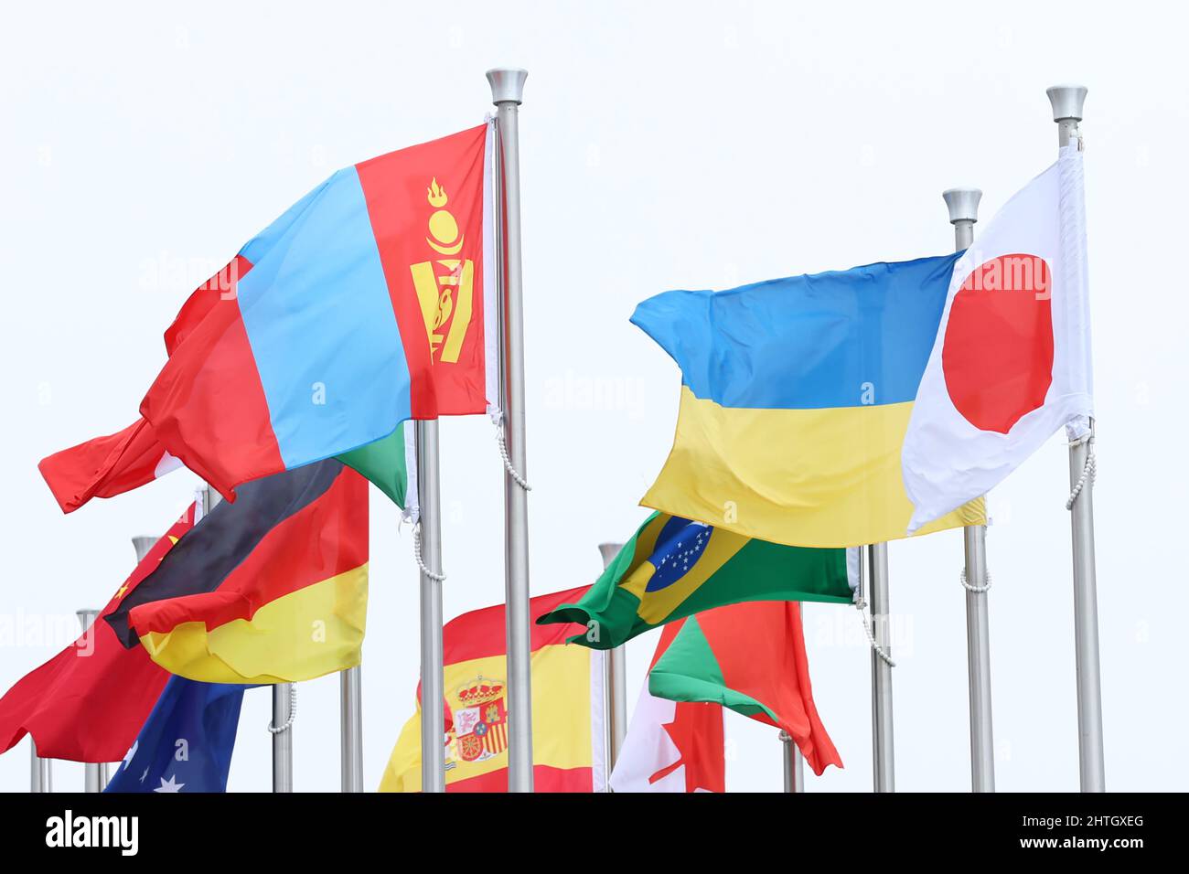 The flags of participating nations including Ukraine fly at the ...