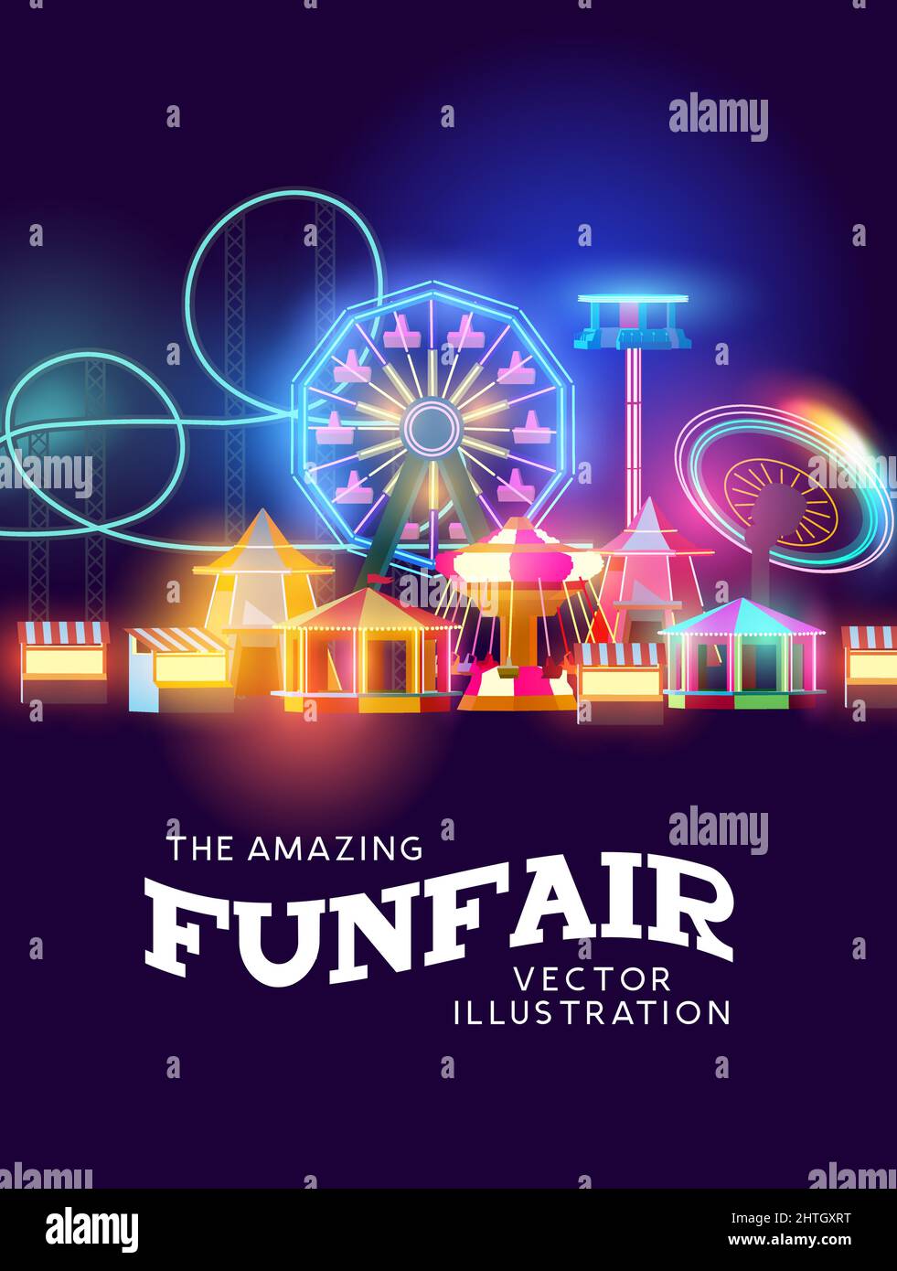 Neon glowing funfair rides and attactions, Vector amusement park Stock ...