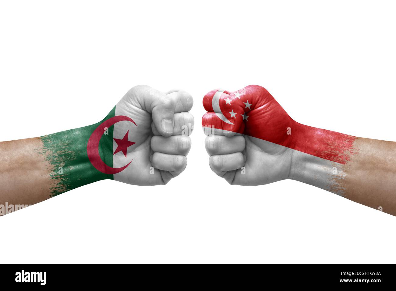 Two hands punch to each others on white background. Country flags ...