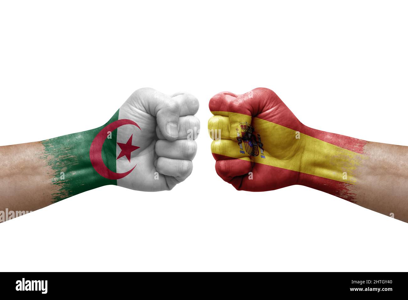 Two hands punch to each others on white background. Country flags ...