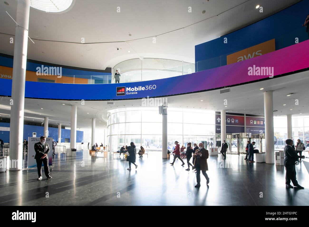 Barcelona,Spain.28 February,2022. Visitors leave the Fira Gran Via ...