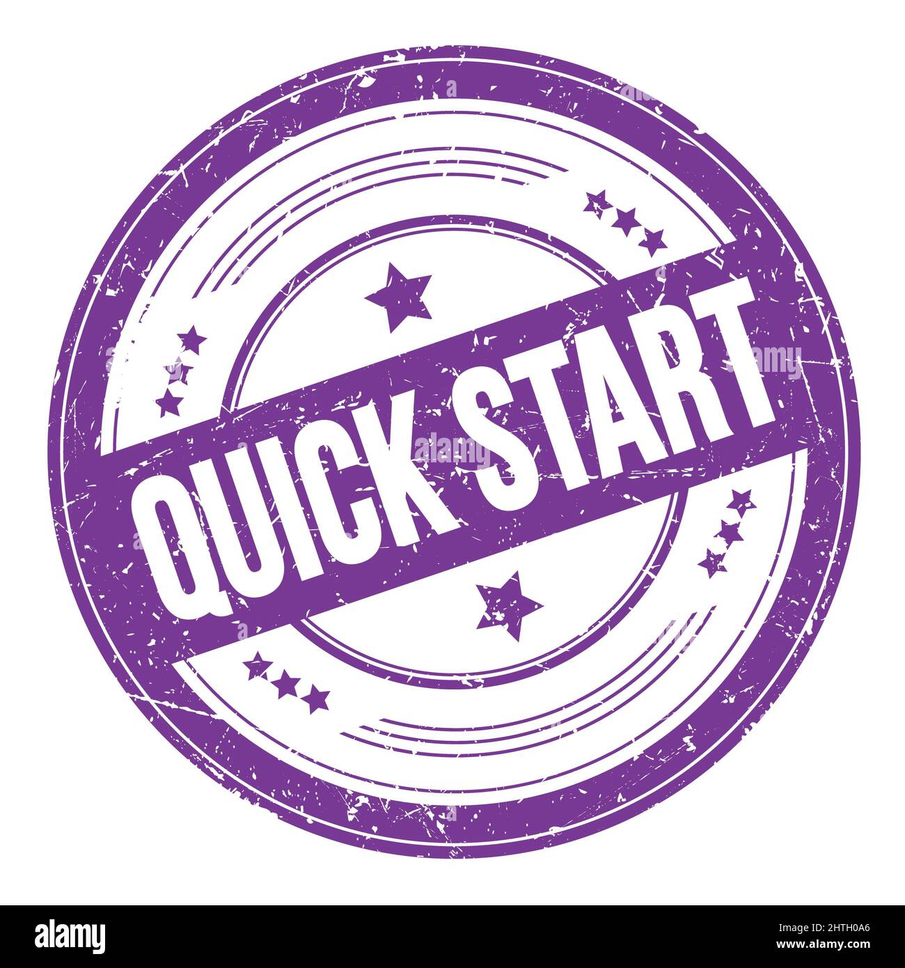 QUICK START text on violet indigo round grungy texture stamp Stock ...