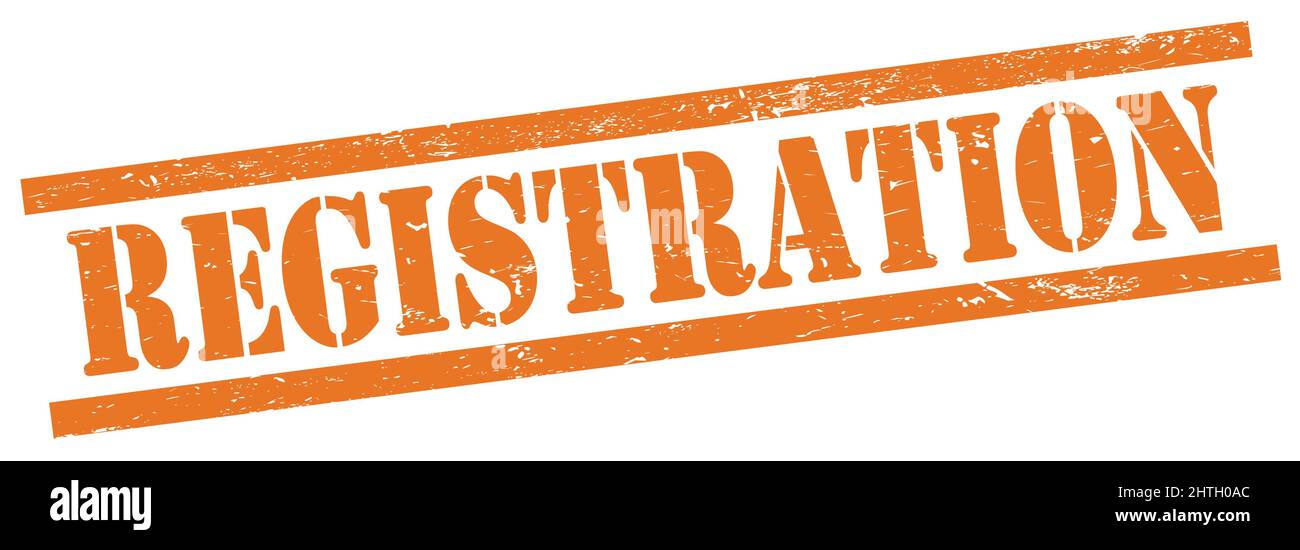 REGISTRATION text on orange grungy rectangle vintage stamp Stock Photo ...