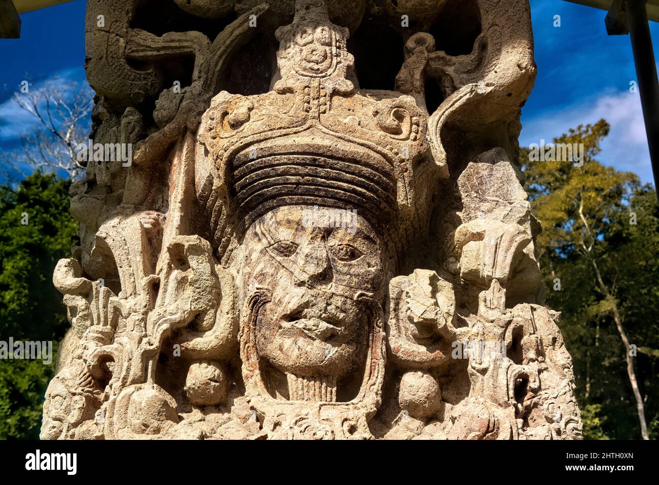 Stela B freestanding sculpture at the Copan Mayan Ruins, Copan Ruinas ...