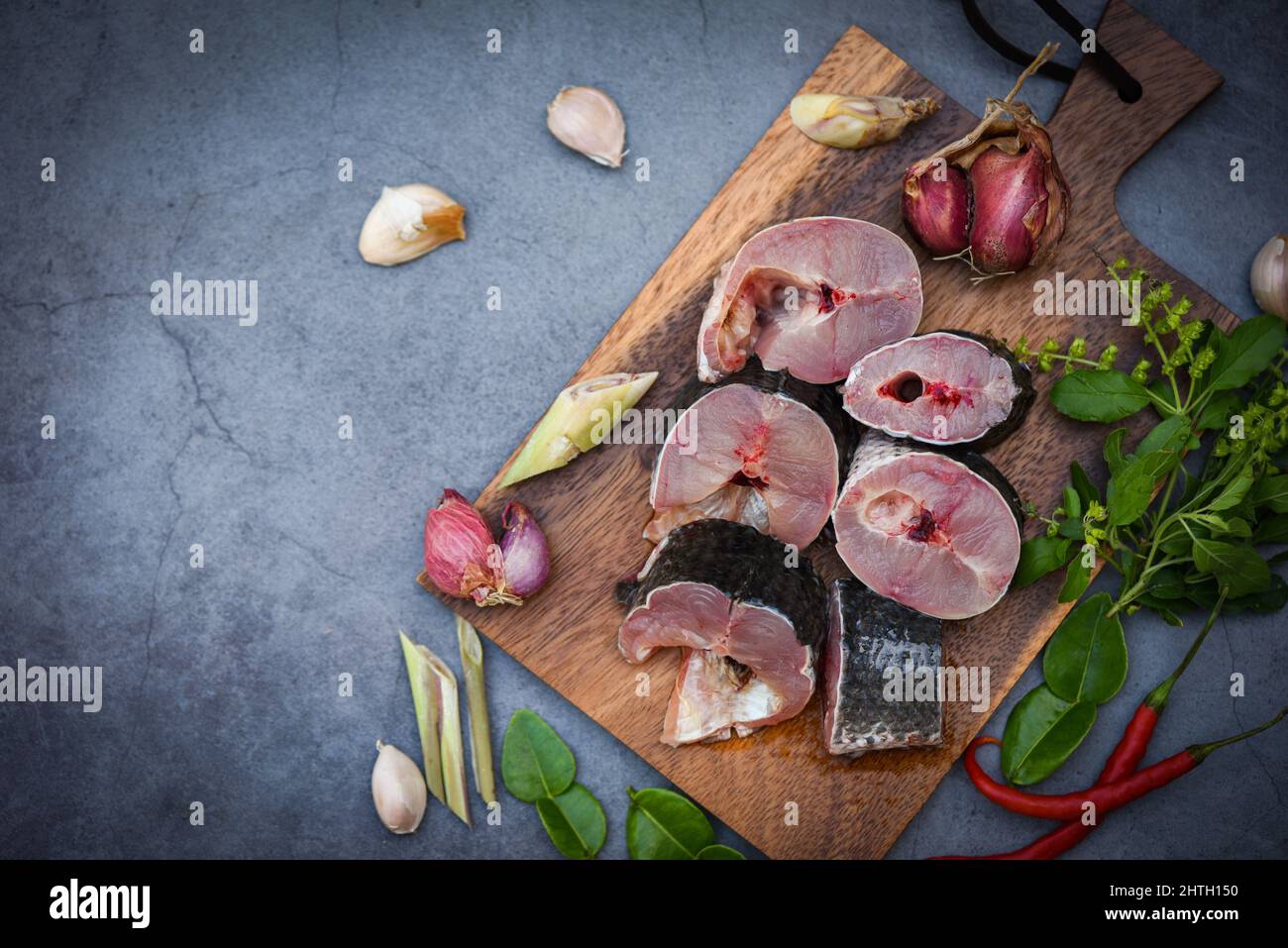 Snakehead fish for cooking food, striped snakehead fish chopped with ...