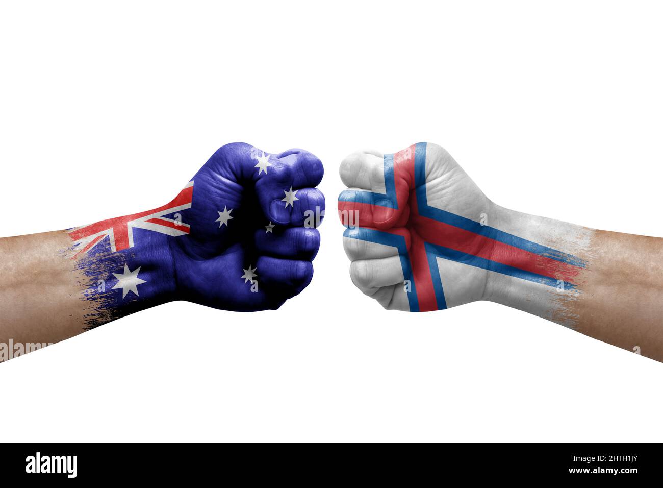 Two hands punch to each others on white background. Country flags ...