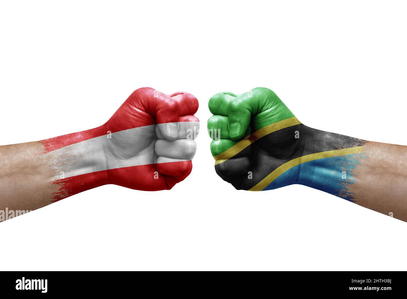 Two hands punch to each others on white background. Country flags ...