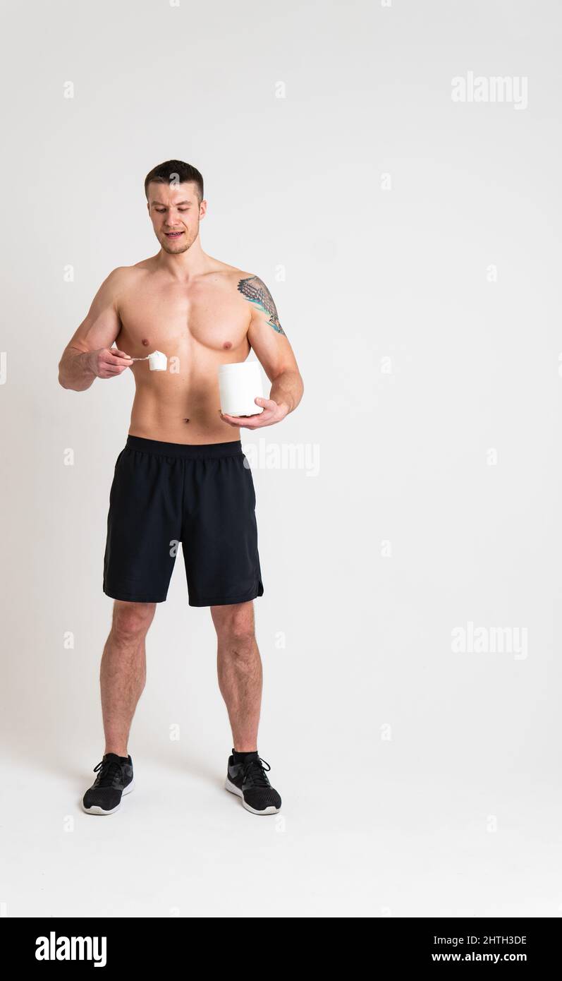 Fitness protein jars white on white background bodybuilder powder ...