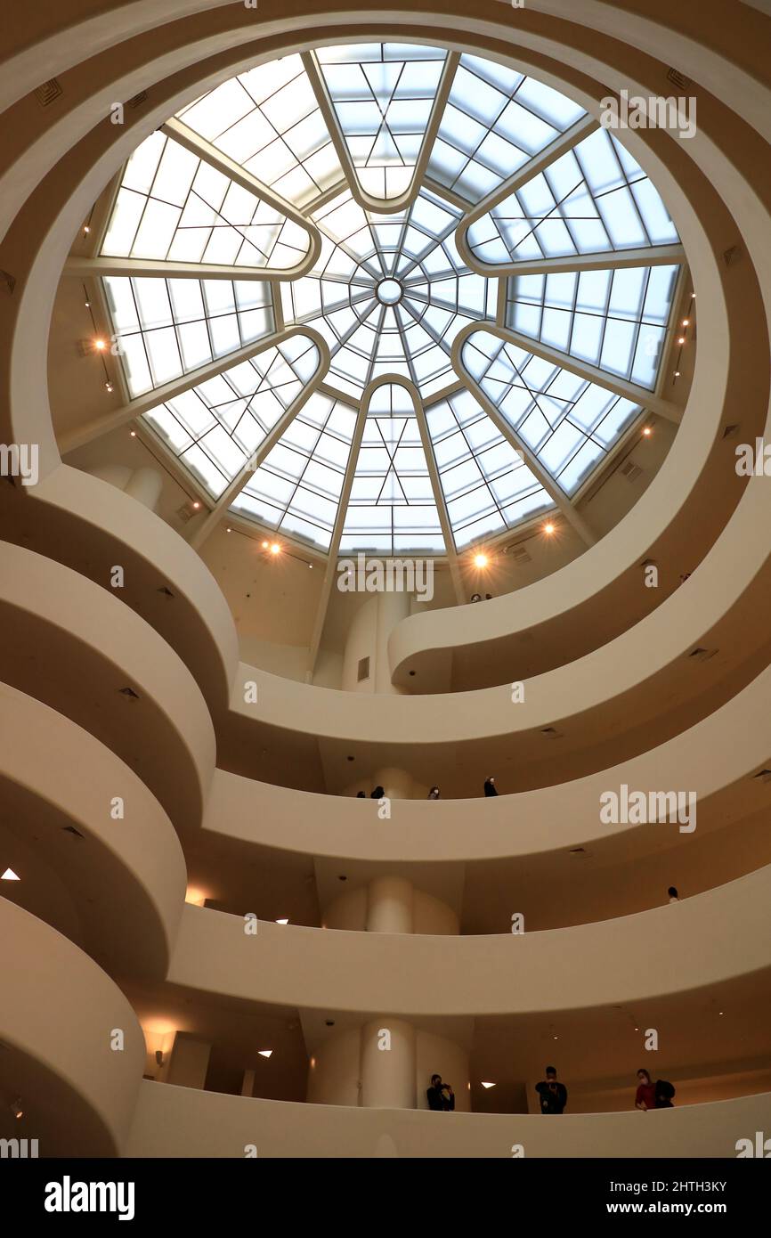 Interior view of Solomon R. Guggenheim Museum with circular ramps and ...