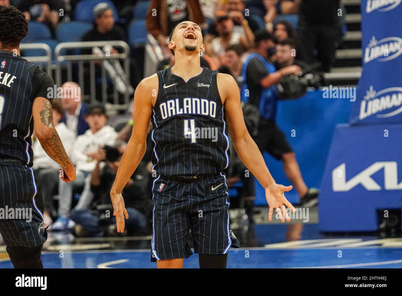 Orlando, Florida, USA, February 28, 2022, Orlando Magic shooting guard Jalen Suggs #4 reacts ...