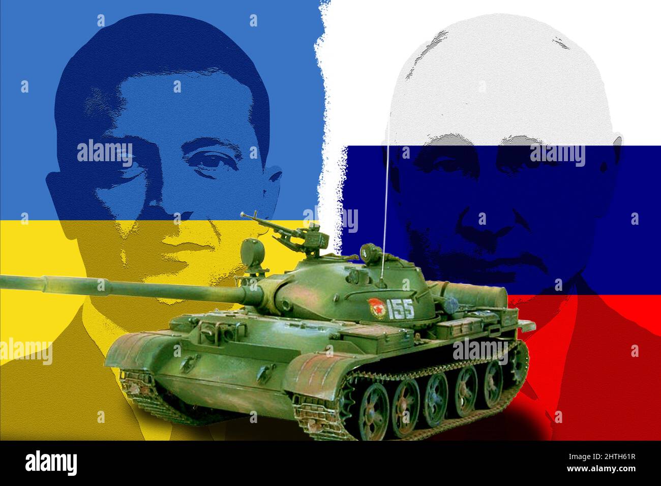 Russian war tank and Ukrainian and Russian flags with faces of ...