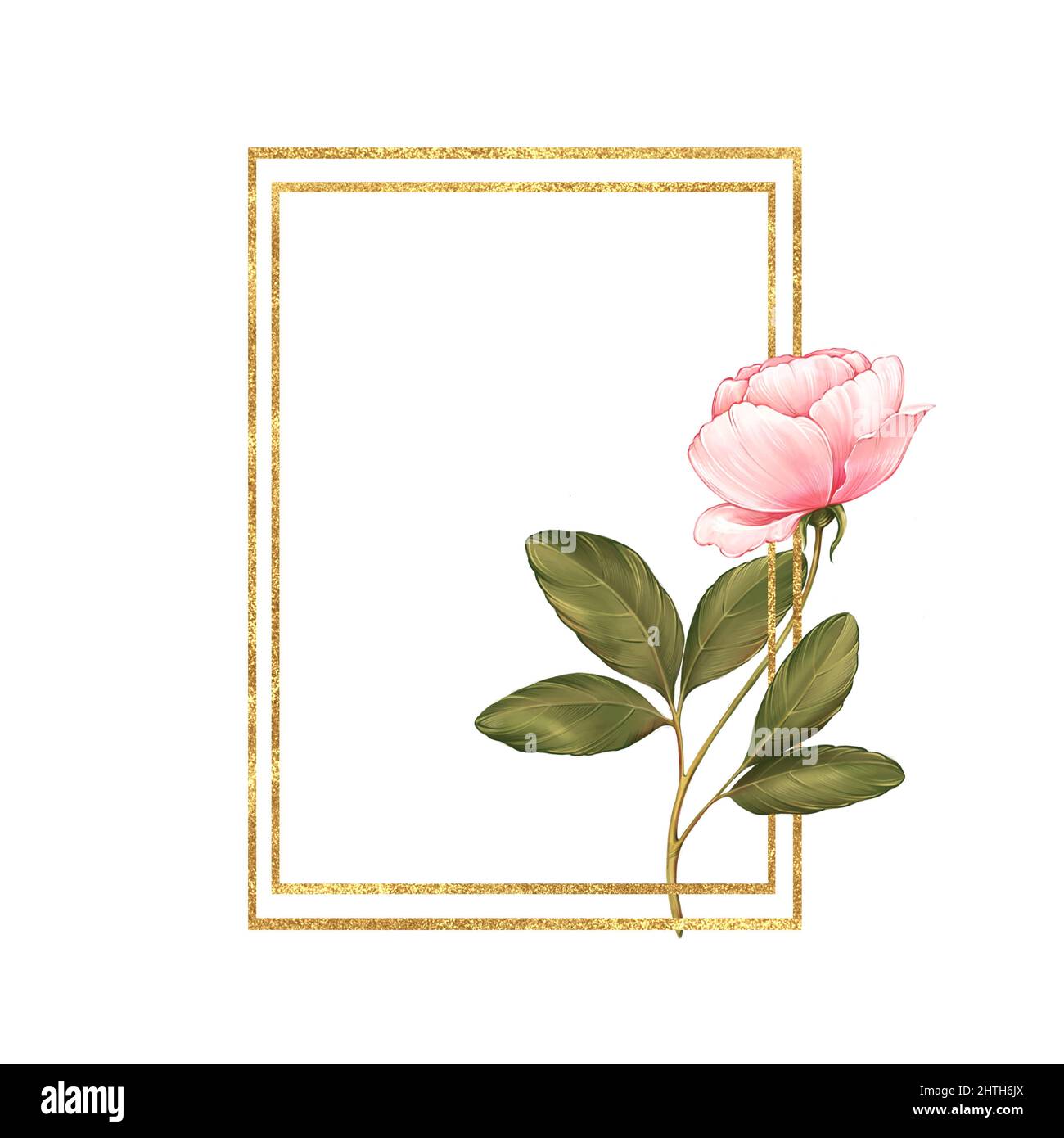 Gold frame with rose pink flower for greeting card Stock Photo - Alamy