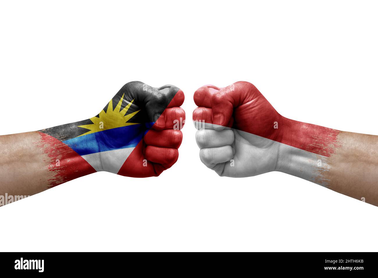 Two hands punch to each others on white background. Country flags ...