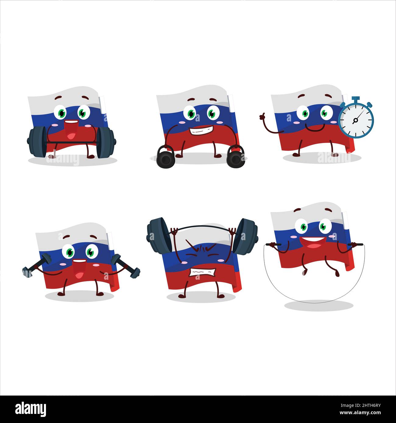 A healthy russia flag cartoon style trying some tools on Fitness center ...