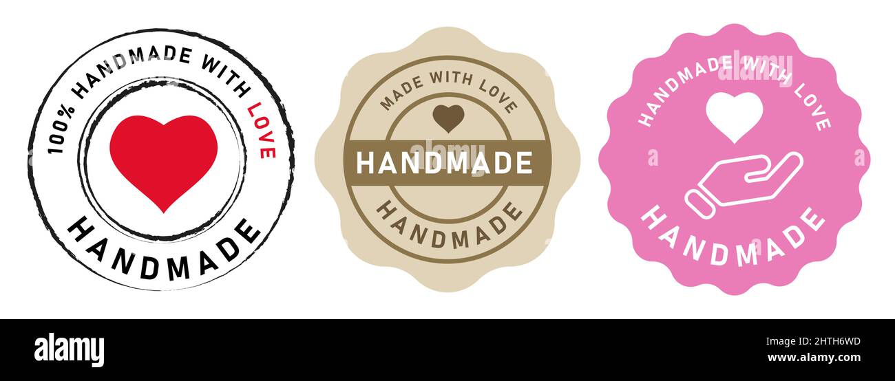 Handmade with love handcrafted product icon emblem label set with heart ...