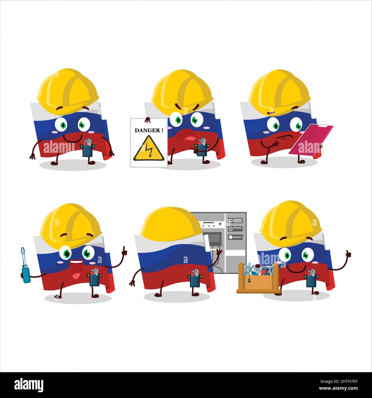 Professional Lineman russia flag cartoon character with tools. Vector ...
