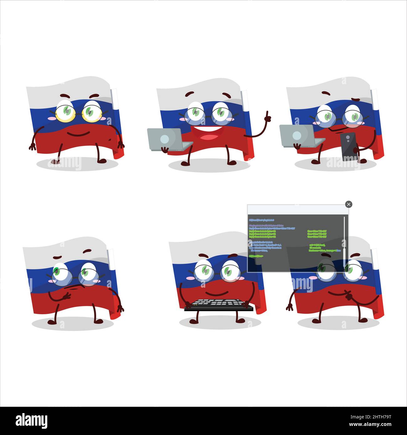 Russia flag Programmer cute cartoon character with. Vector illustration ...
