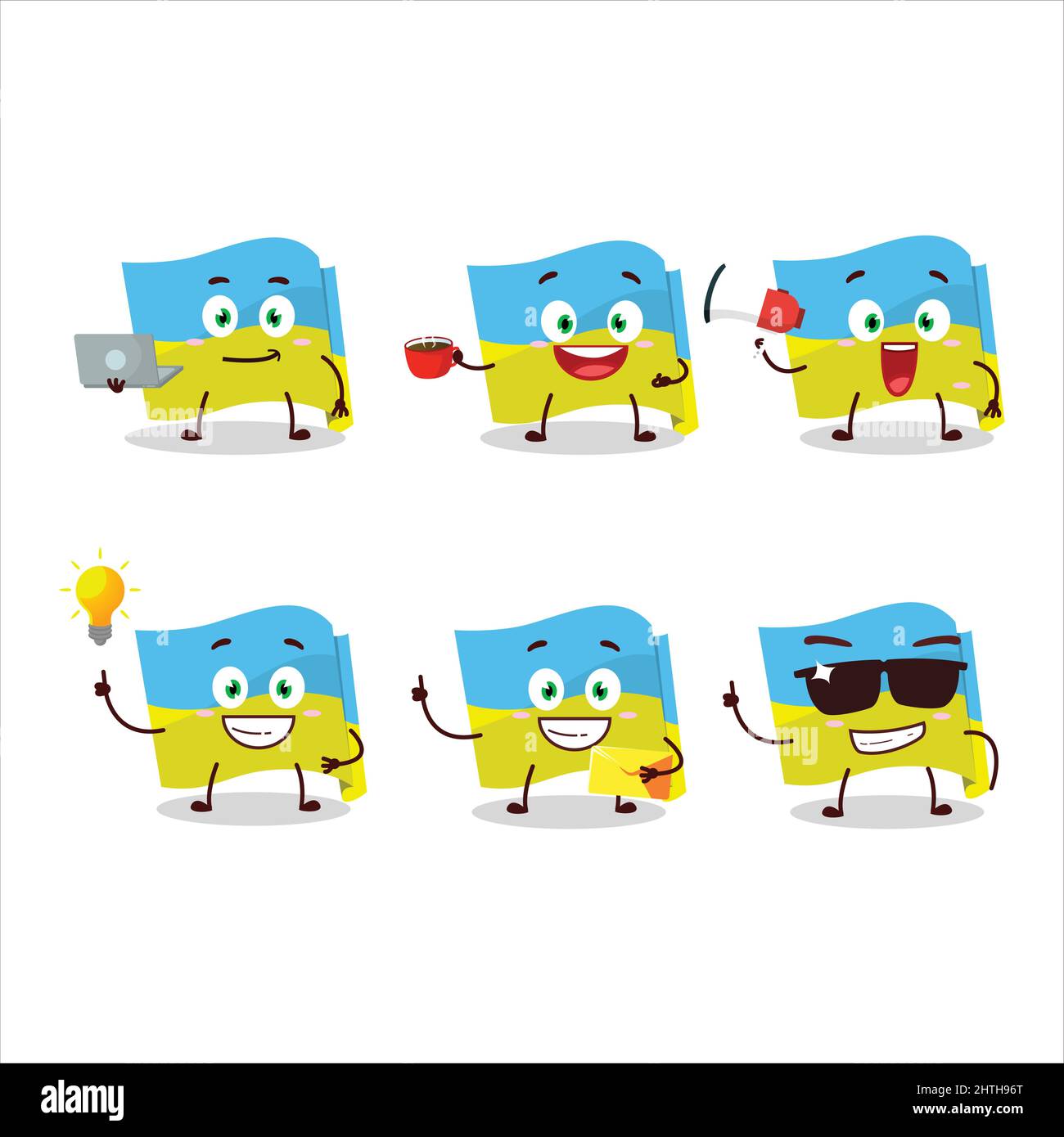 Ukraine flag cartoon character with various types of business emoticons ...