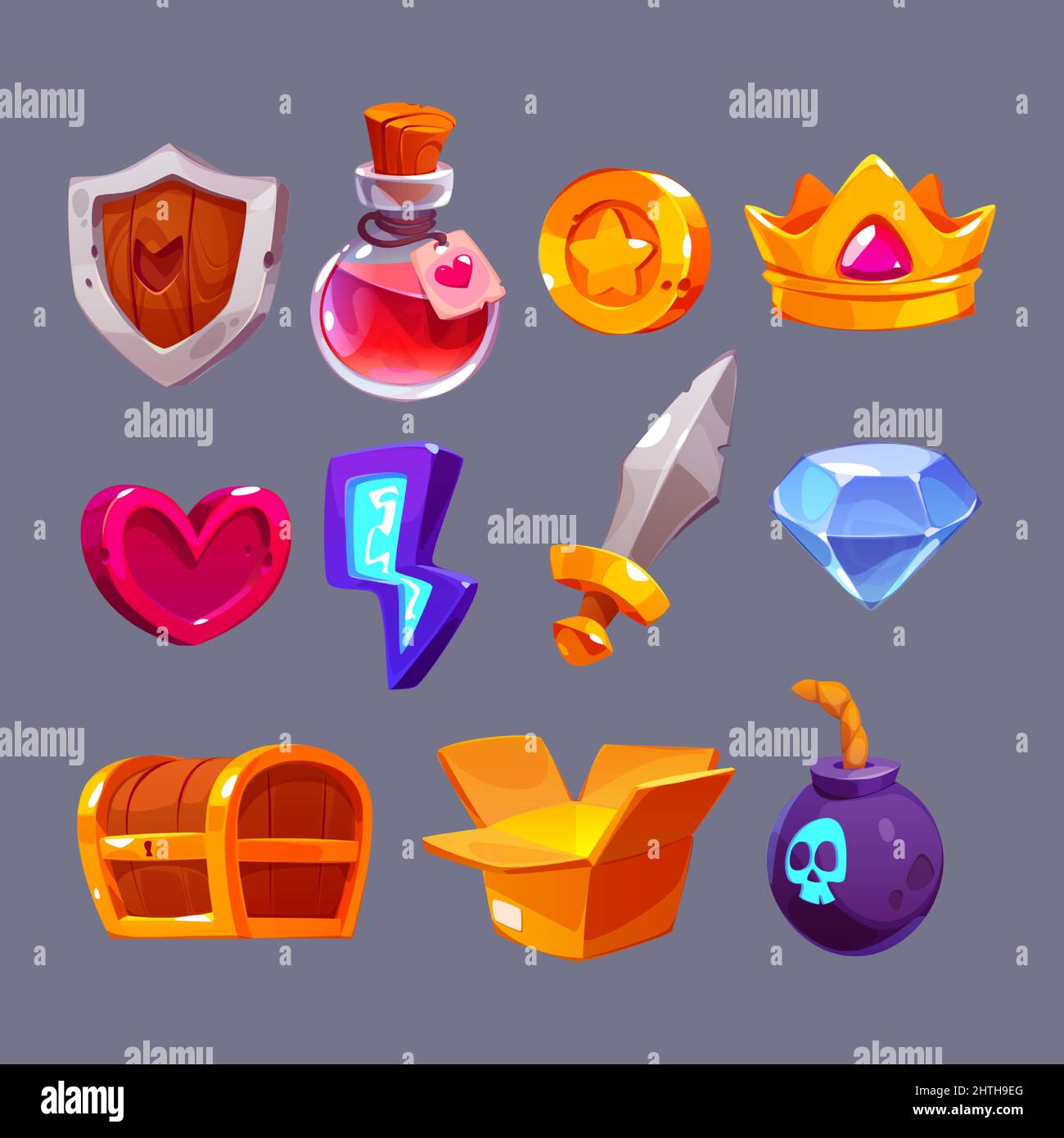 Cartoon game icons knight shield, witch potion, golden coin and king ...