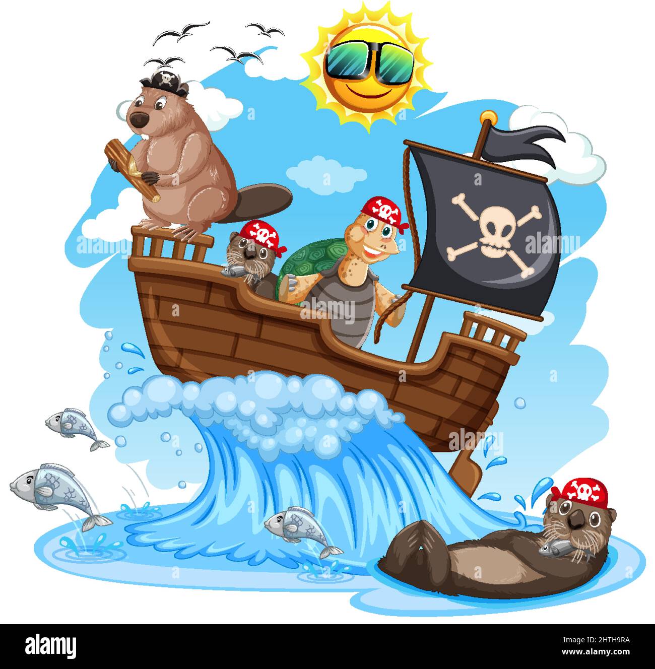 Beavers and turtle on pirate ship with ocean wave illustration Stock ...