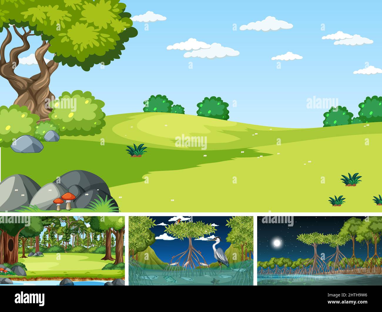 Trees lake and grass fields Stock Vector Images - Alamy