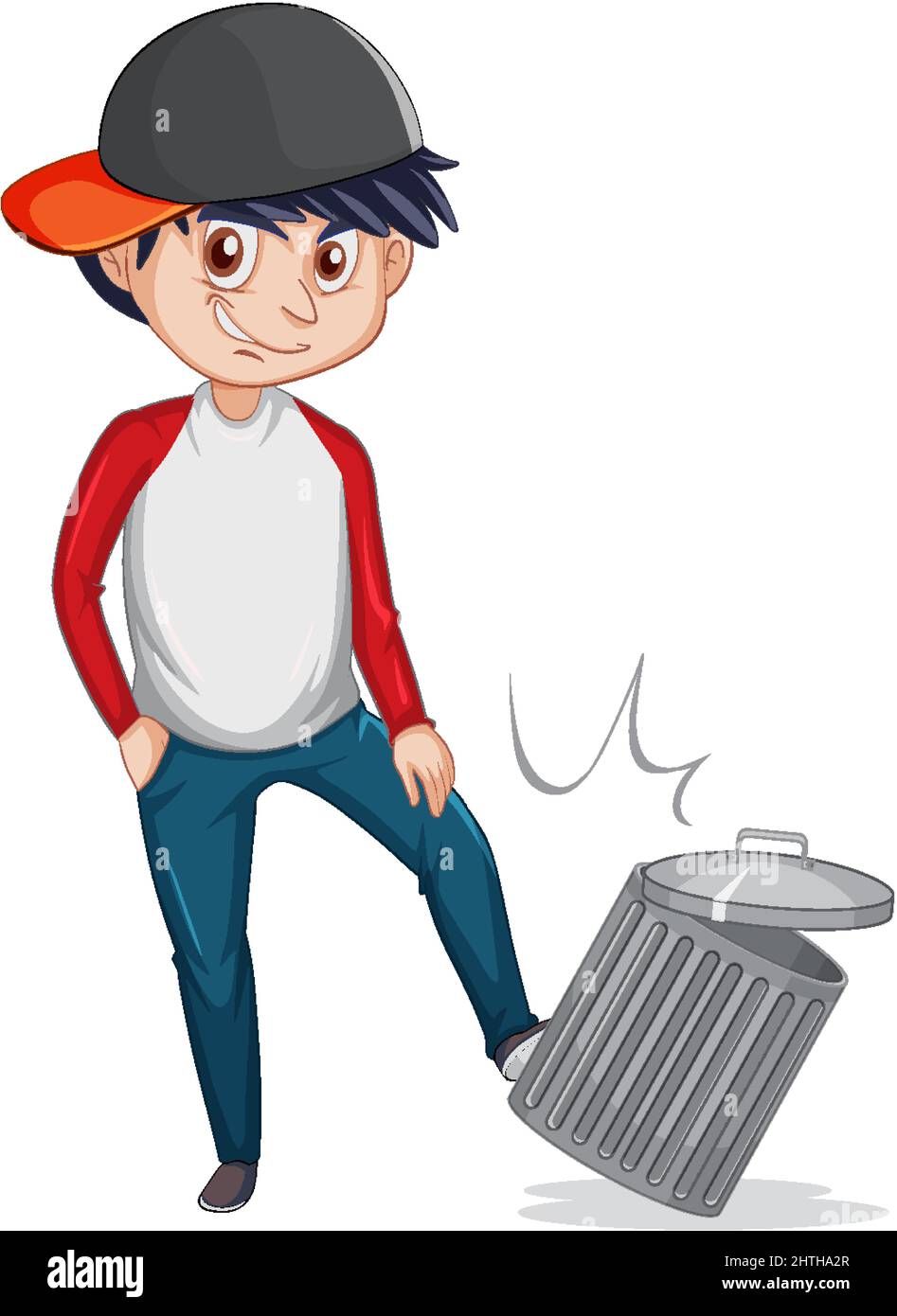 Teenager boy kick dustbin cartoon character on white background ...