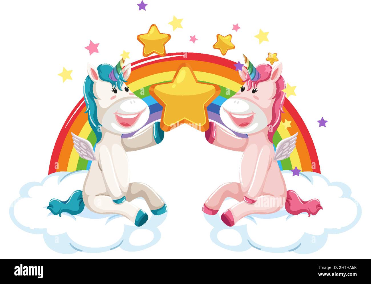 Two unicorns sitting on clouds with rainbow illustration Stock Vector ...