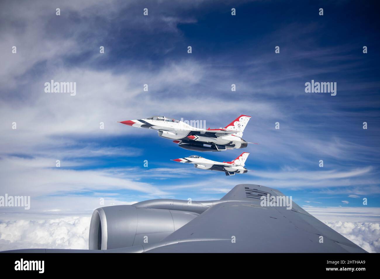U.S. Air Force Demonstration Squadron “Thunderbirds” fly alongside a KC ...