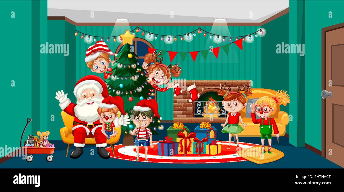 Children celebrating Christmas with Santa Claus illustration Stock ...