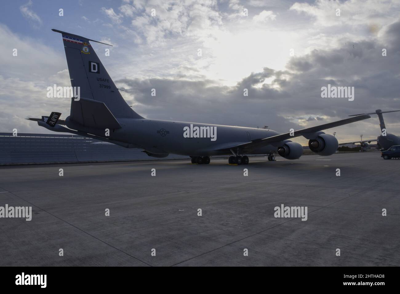 A KC-135 Stratotanker attached to the 100th Aerial Refueling Wing sits on the flightline at ...