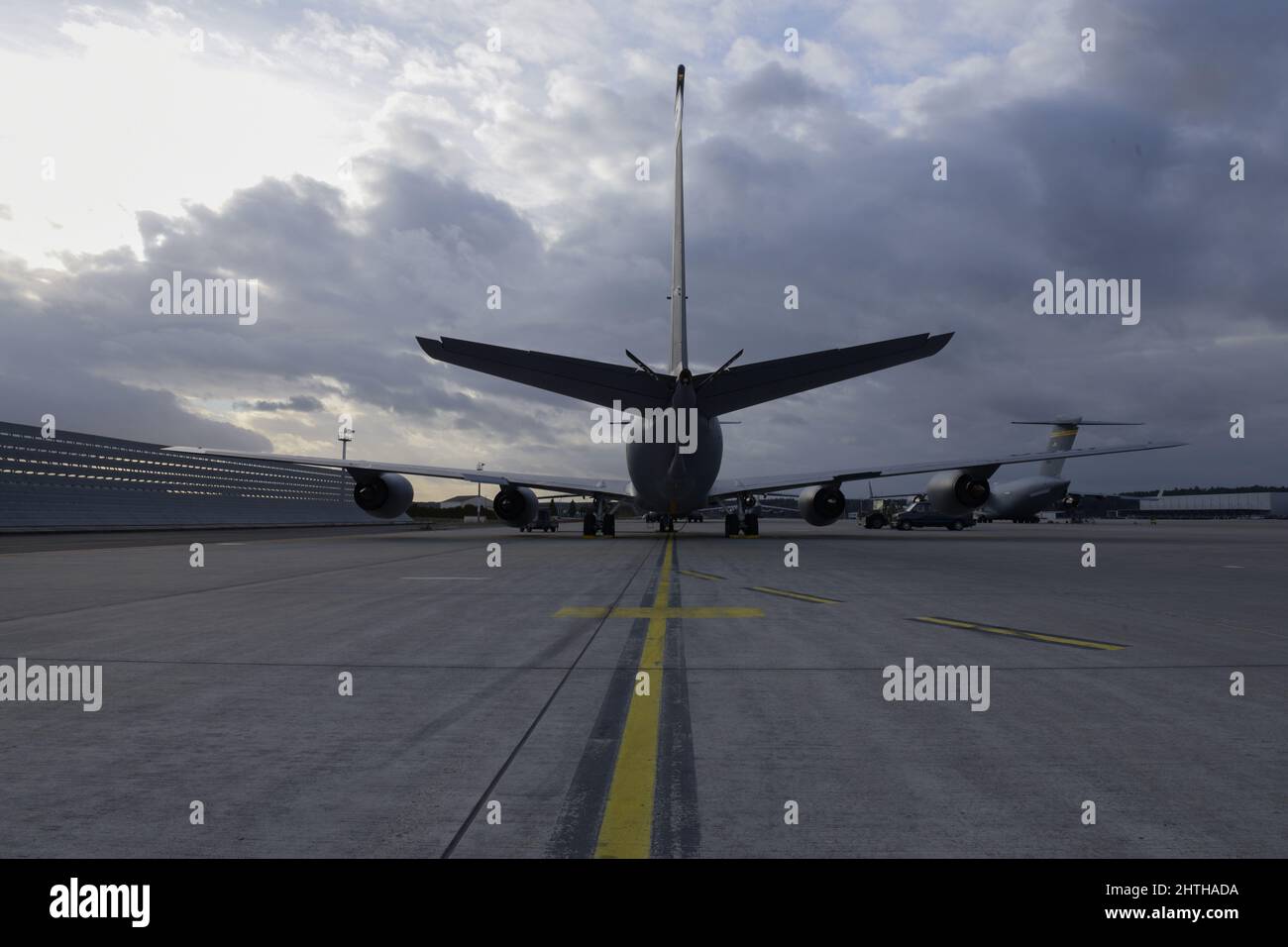 A KC-135 Stratotanker attached to the 100th Aerial Refueling Wing sits on the flightline at ...
