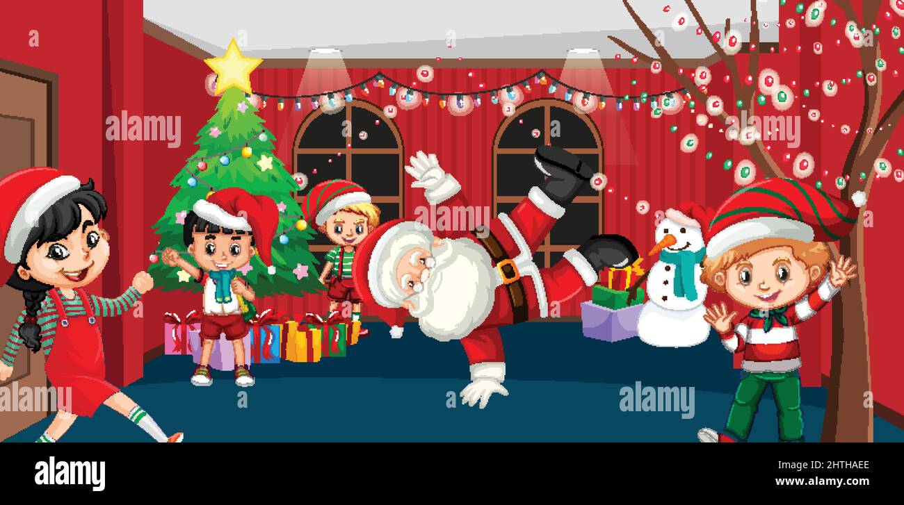 Scene with children celebrating Christmas with Santa dancing ...