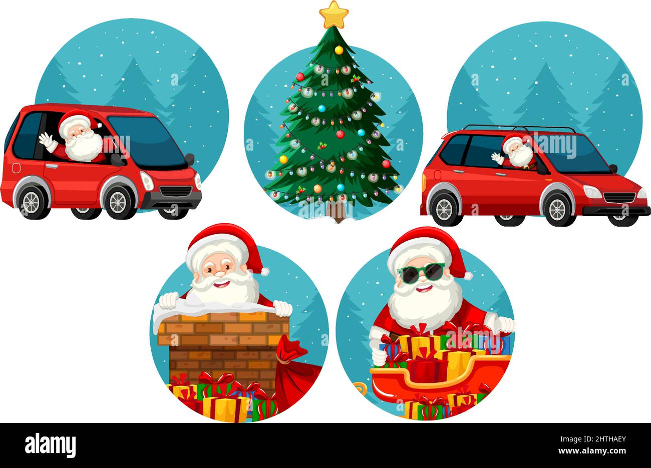 Set of Christmas theme with Santa, car, Christmas tree illustration ...