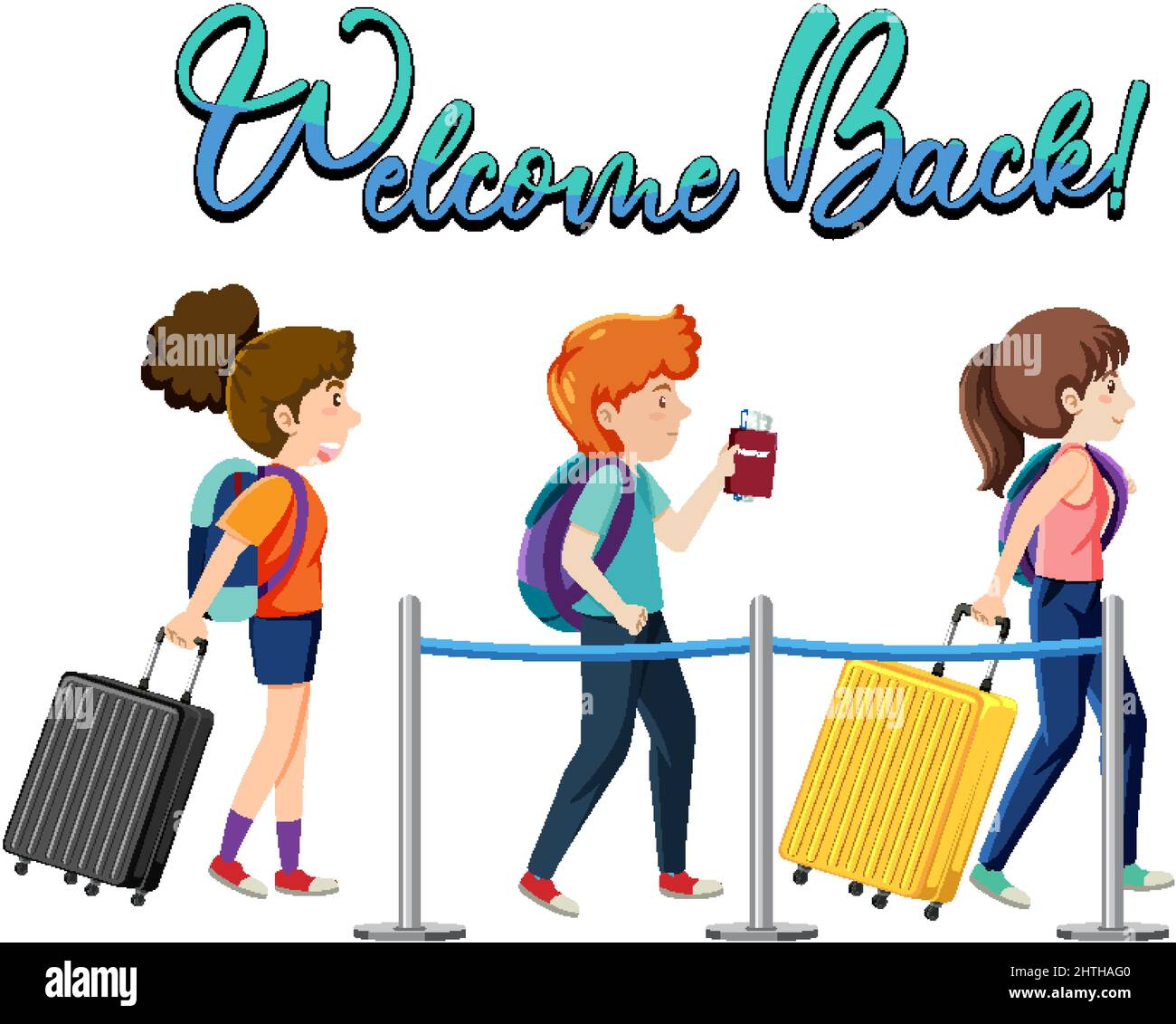 Welcome Back typography design with passengers waiting in a queue ...