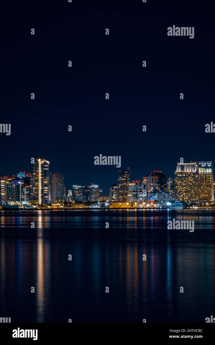 Nightscape of San Diego with illuminated high-rise buildings Stock ...
