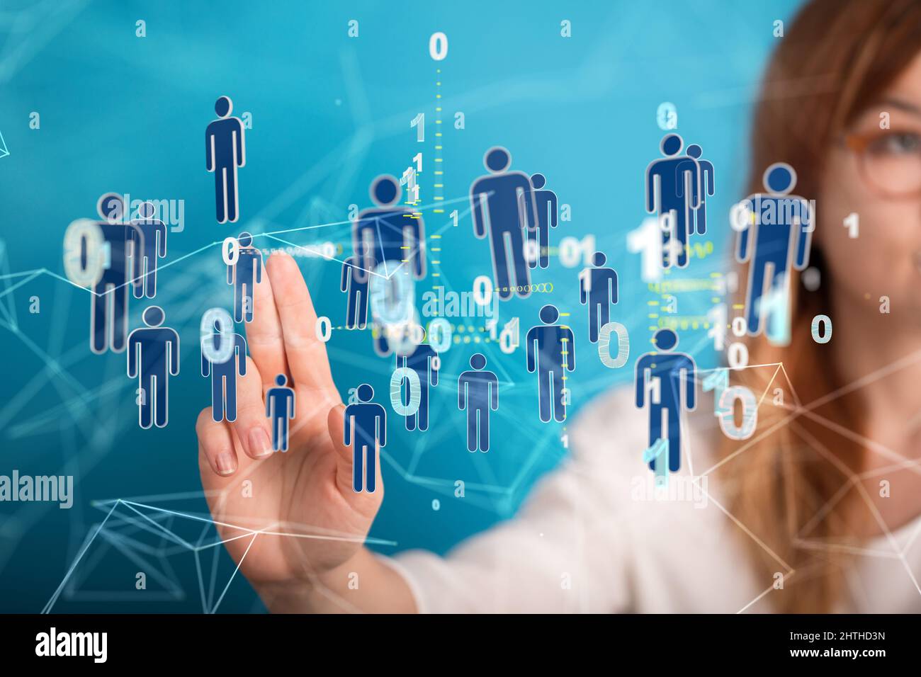 Female's hand touching 3D rendered floating people icons - concept of social network Stock Photo ...
