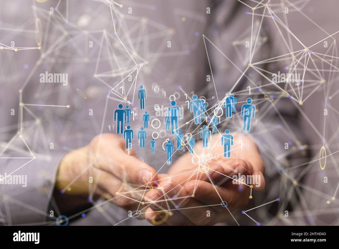 3D rendering of floating people icons above hands - concept of social ...