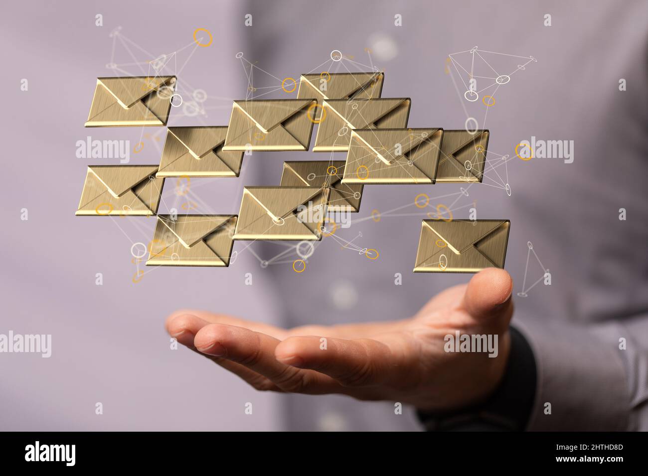 3D rendering of floating email icons above a hand Stock Photo - Alamy