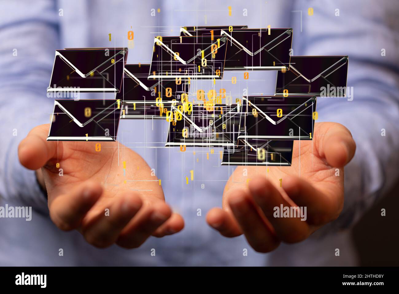3D rendering of floating email icons between hands Stock Photo - Alamy