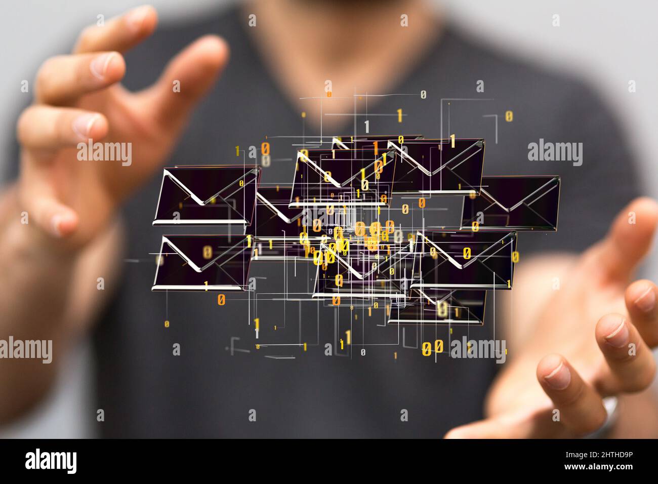 3D rendering of floating email icons between hands Stock Photo - Alamy