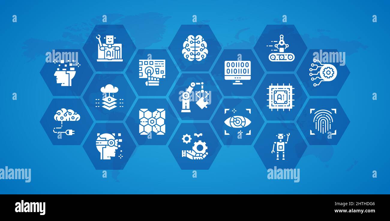 Artificial Intelligence horizontal outline illustration. Robotics, Chatbot, Database, Big Data ...