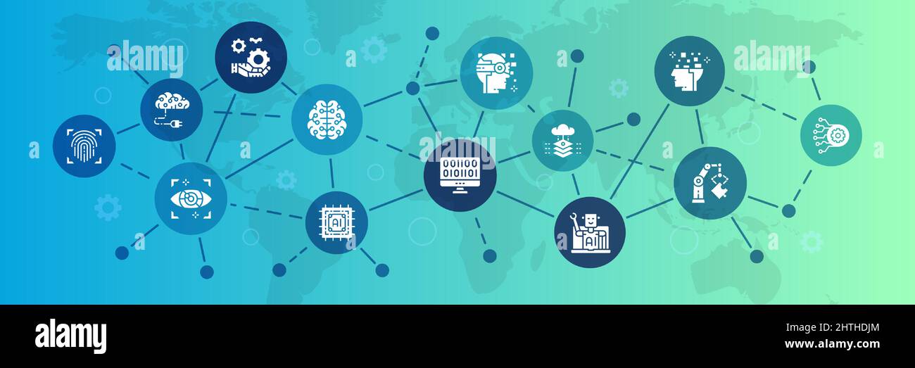 Artificial Intelligence icons infographic banner. Robotics, Chatbot, Database, Big Data vector ...