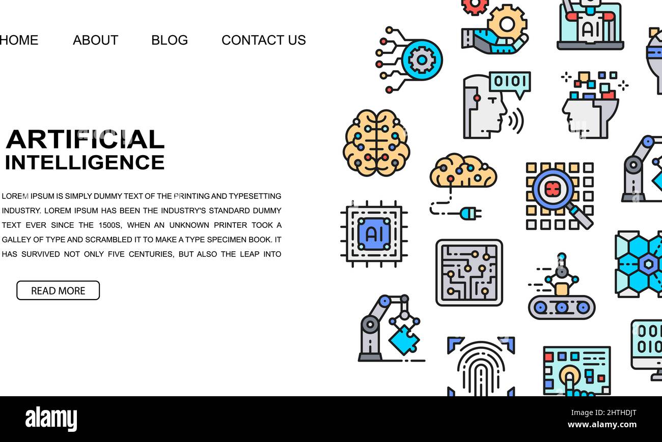 Artificial Intelligence landing page design template. Robotics, Chatbot, Database, Big Data ...