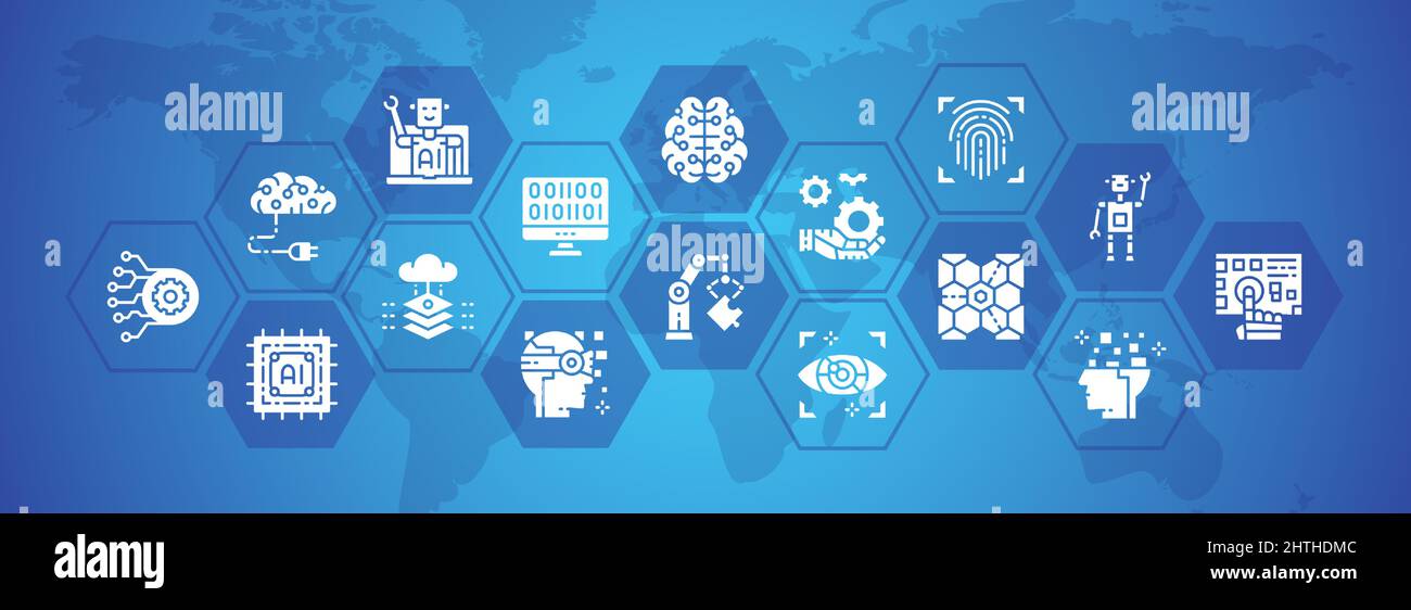 Artificial Intelligence icons banner. Robotics, Chatbot, Database, Big Data infographic vector ...