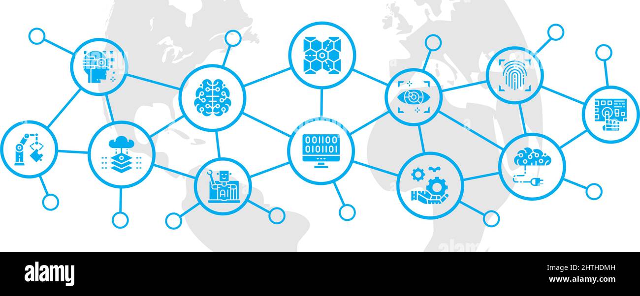 Artificial Intelligence marketing advertising icon banner. Robotics, Chatbot, Database, Big Data ...