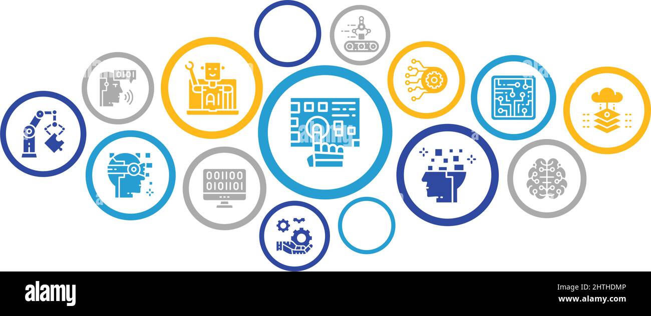 Artificial Intelligence business icons illustration concept. Robotics, Chatbot, Database, Big ...